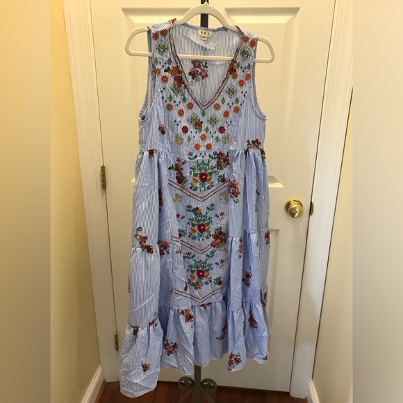 POL | Dresses | Pol Nwt Dress Blue Striped Embroidered Sleeveless Midi ...